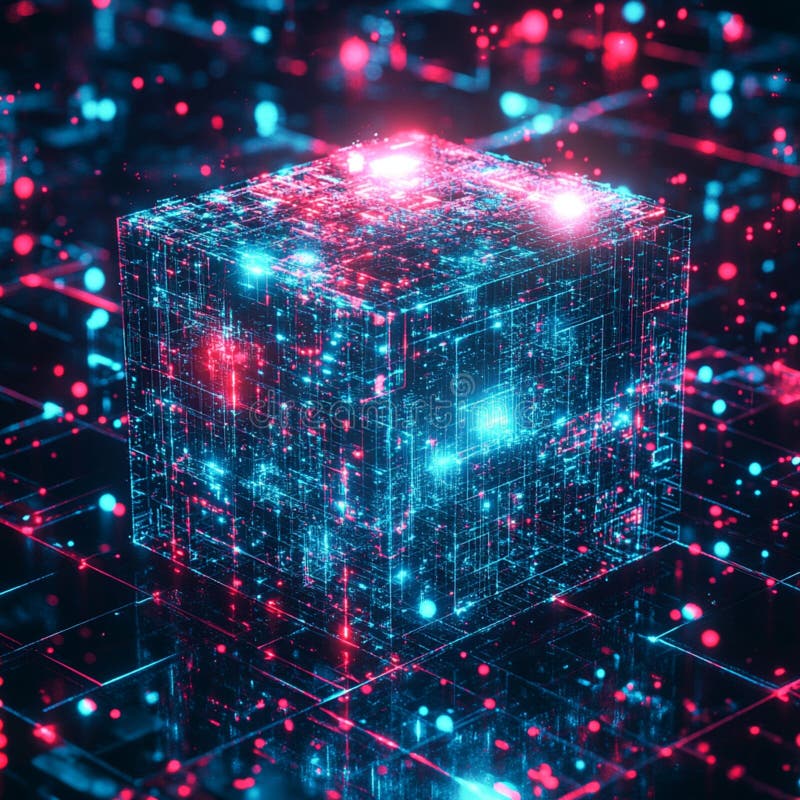 Abstract Digital Cube Neon Glowing Lines Futuristic Technology Network ...