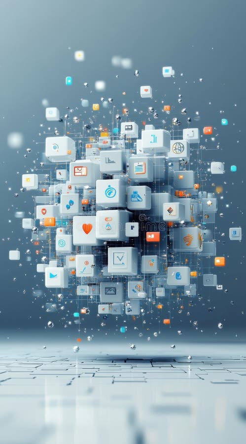 Abstract Digital Cubes Floating on a Gray Background with Blue and ...