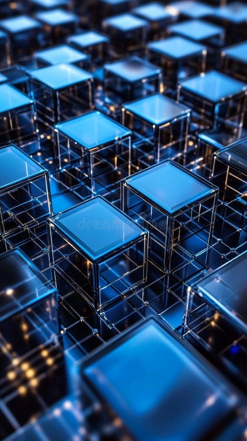 Abstract Digital Cubes in a Geometric Grid Displaying Illuminated Blue ...