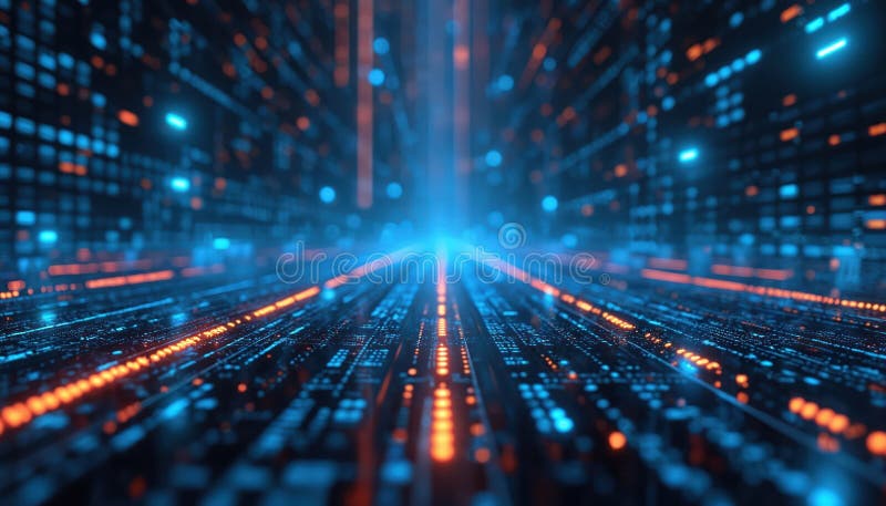 Abstract Digital Cyberspace with Glowing Blue and Orange Lines of Binary Code. Futuristic Data ...