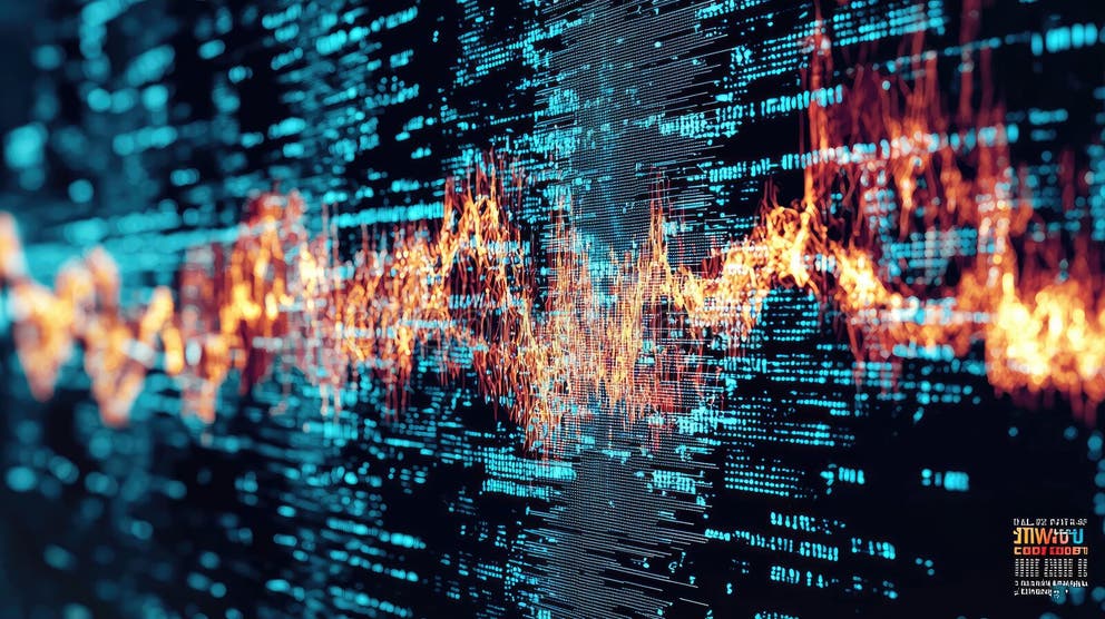 Abstract Digital Dark Background with Dynamic Audio Wave Visualization, Fire and Data. Theme of ...