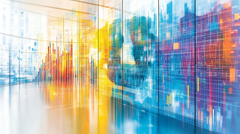 Abstract Digital Data and Charts Displayed on Large Screens in an Empty ...