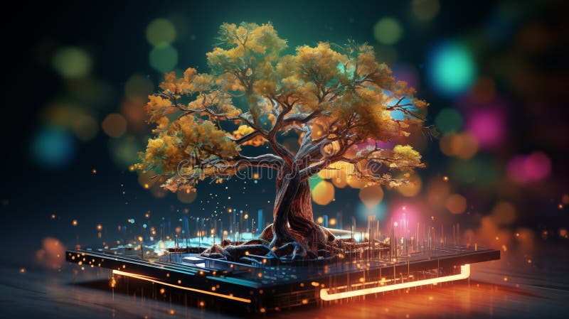 Abstract Digital Data Computer Chip with Tree Growing Out Stock Photo ...