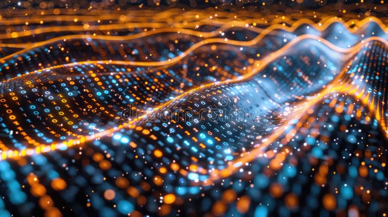 Abstract Digital Data Flow with Binary Code and Glowing Particles Stock Illustration ...