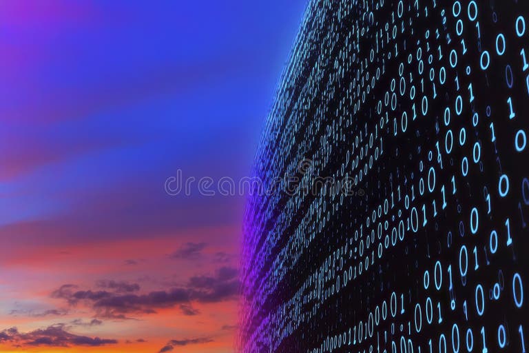 Abstract Digital Data Sphere at Sunset Glowing Binary Code and Vibrant Sky Stock Illustration ...