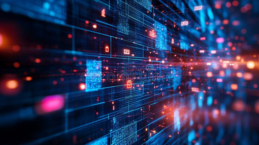 Abstract Digital Data Stream Network Technology Background Red Web Blue Code Flow Cyber Style ...