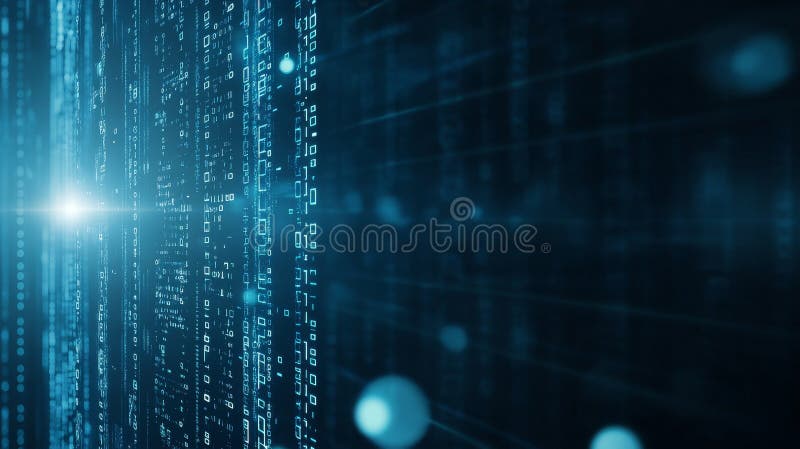 Abstract Digital Data Stream With Blue Binary Code On A Computer Screen