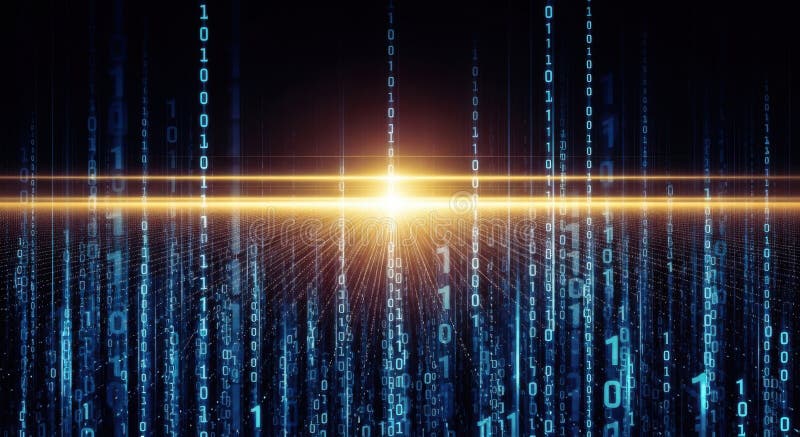 Abstract Digital Data Stream with Bright Golden Light Bursting through ...