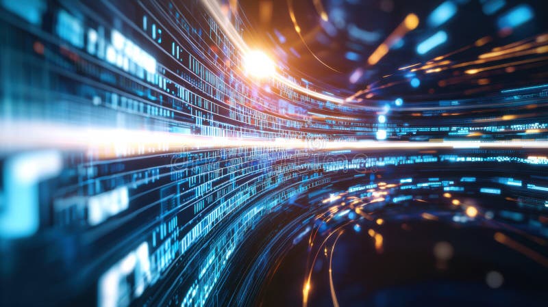 Abstract Digital Data Stream With Glowing Lines And Binary Code Generative Ai Stock
