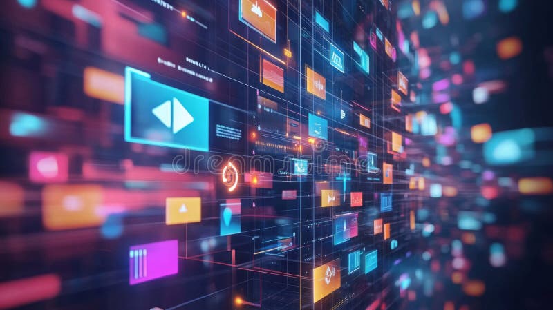 Abstract Digital Data Stream with Neon Icons Stock Illustration ...