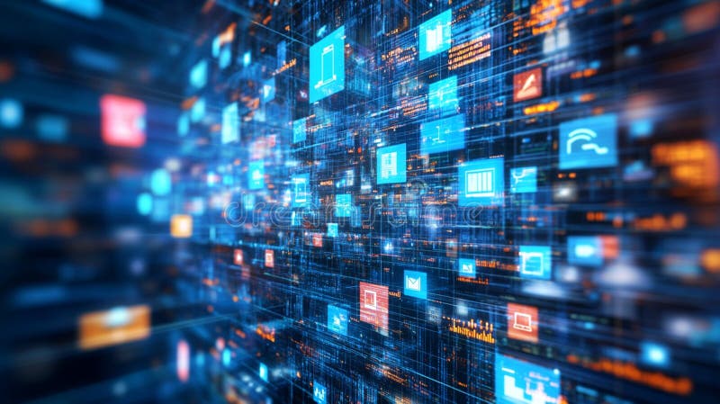 Abstract Digital Data Stream Network Blue Technology Background Futuristic Interface Web Code ...