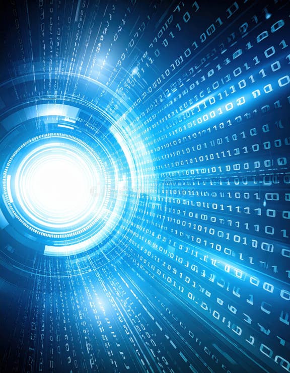 Abstract Digital Data Tunnel with Binary Code and Bright Glowing Light ...