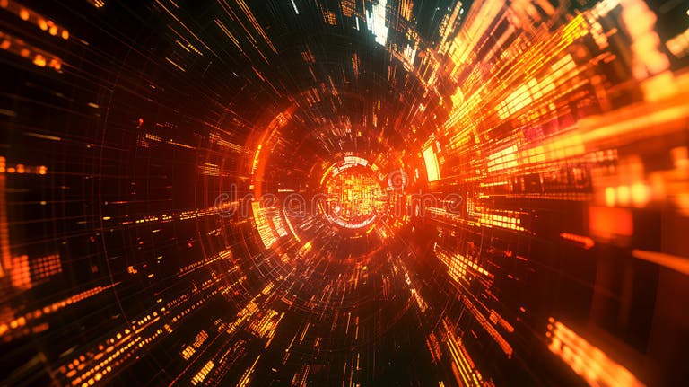 Abstract Digital Data Tunnel with Glowing Orange Light and Futuristic Technology Elements ...
