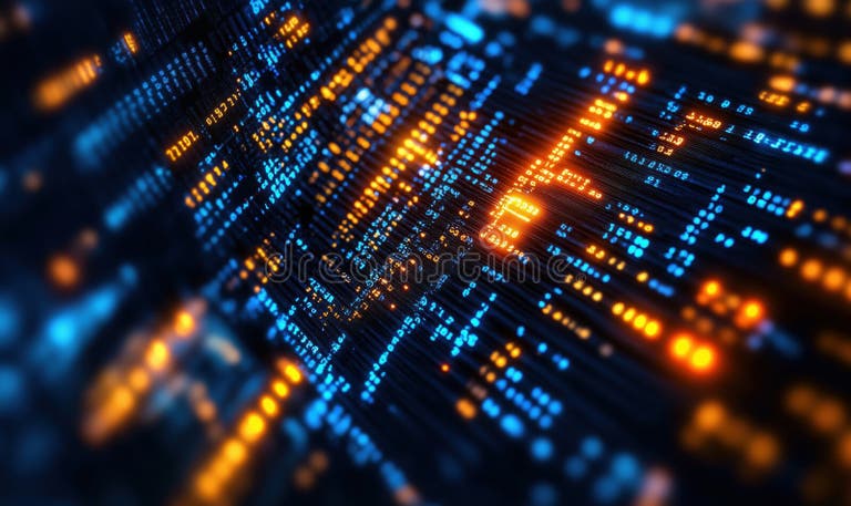 Abstract Digital Data Visualization with Glowing Blue and Orange Binary Code Patterns Stock ...