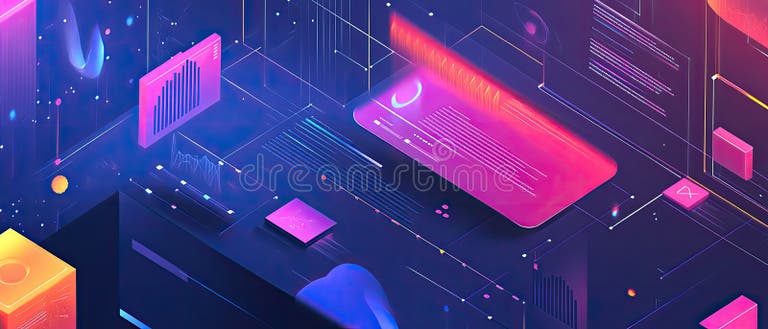 Abstract Isometric Digital Data Visualization with Glowing Interfaces and Network Charts Stock ...