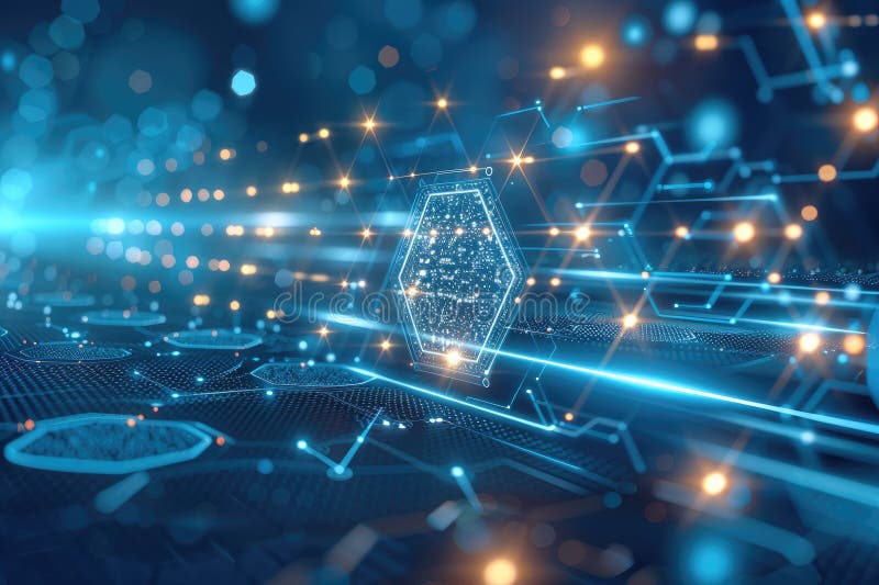 Futuristic Technology Network: Abstract Digital Data Stream with Glowing Hexagons Stock ...