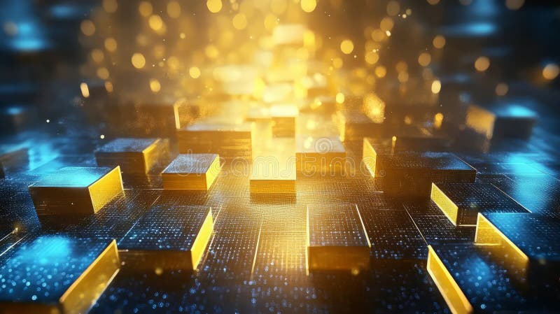 Abstract Digital Design with Golden Blocks and Blue Light Effects ...