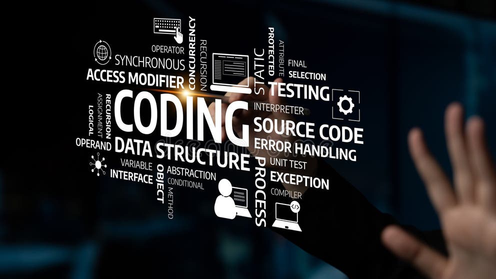 Digital Composition Showcasing Coding Concepts and Terminology, Featuring Words Like Coding ...