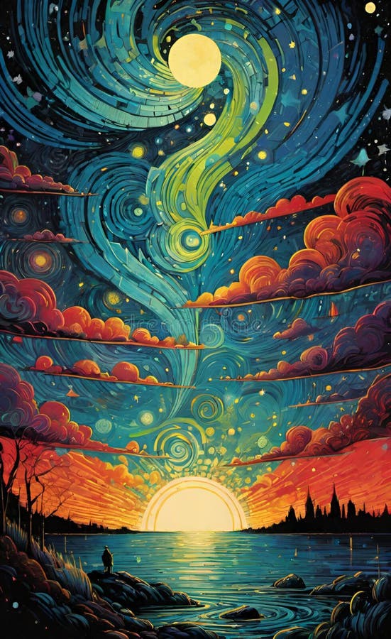 Abstract Digital Drawing of a Lake at Sunset Stock Illustration ...