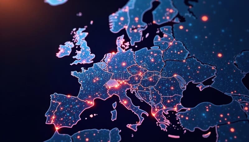 Abstract Digital Europe Map with Cloud Computing Symbols and Connected ...