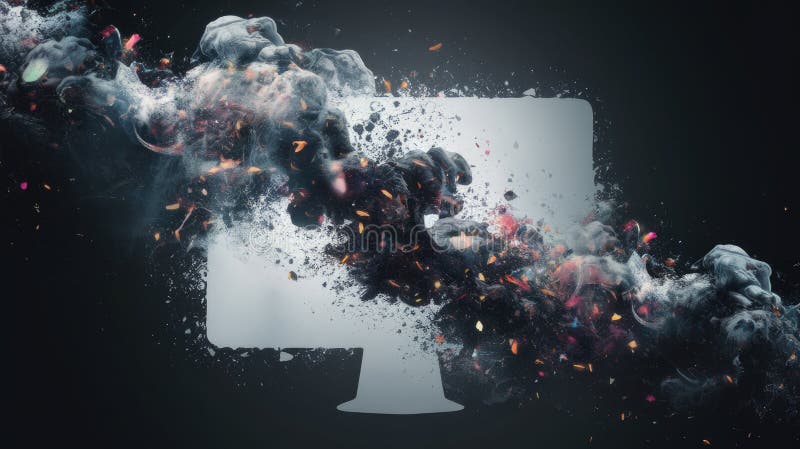 Abstract Digital Explosion Behind a Computer Screen Silhouette with ...