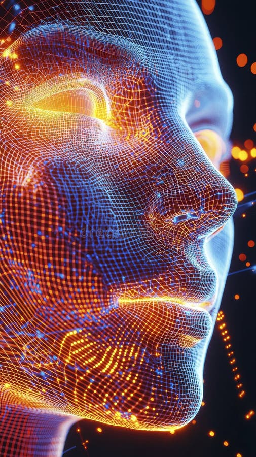 Abstract Digital Face of Interconnected Blue Cyber Grid Stock ...