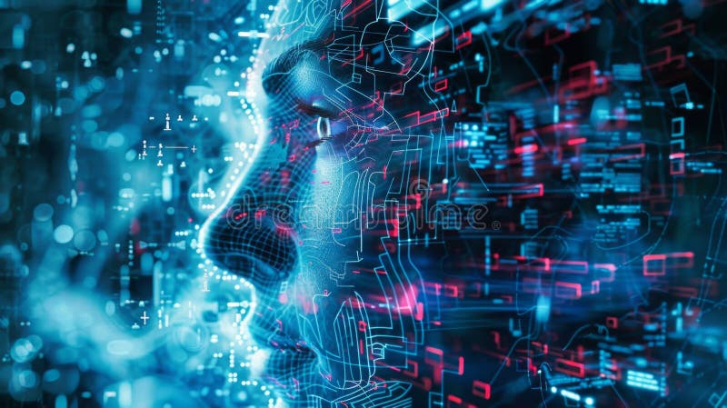 Abstract Digital Face Network Concept with Blue and Red Lines Stock ...