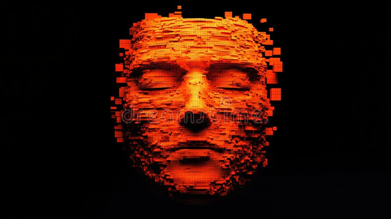 Abstract Digital Face Pixelated Human Head Glowing Orange Cubes 3D ...