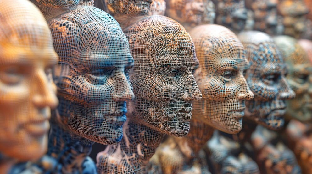 Abstract Digital Faces with Wireframe Texture in Various Colors Stock ...