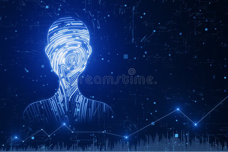 Abstract Digital Fingerprint Man or Person Silhouette on Blurry Blue ...