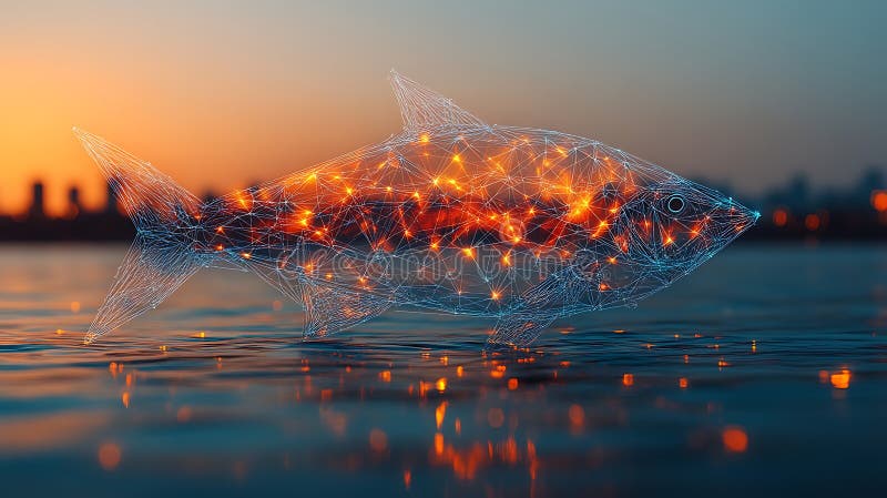 Abstract Digital Fish in Sunset Water Stock Image - Image of orange ...