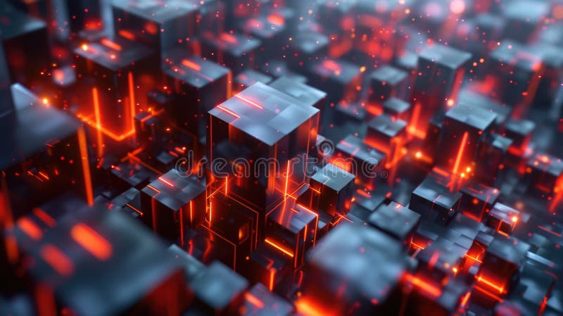 Abstract Digital Floating Blocks with Orange and Blue Lights. Future ...