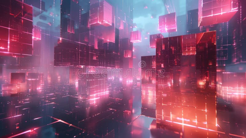 Abstract Digital Floating Blocks with Orange and Blue Lights. Future ...