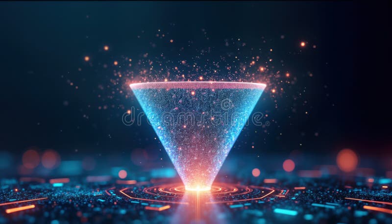 Abstract Digital Funnel Shape with Glowing Particles. Data Visualization of Tech Info Processing ...