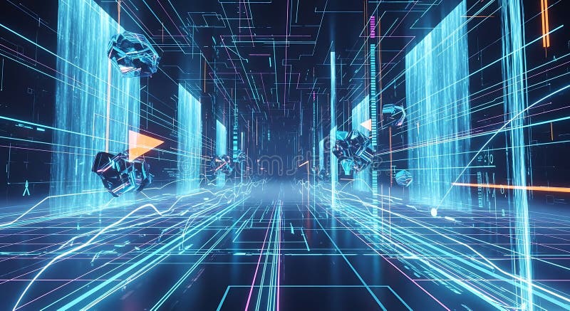 Abstract Digital Futuristic Sci Fi Network Data Stream Tunnel Visualization Stock Illustration ...