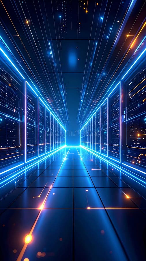 Abstract Digital Futuristic Server Room with Blue Neon Lights and Glowing Data Streams Stock ...