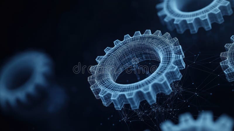 Abstract Digital Gear Wheels Show Tech Innovation. Polygonal Mesh, Dots ...