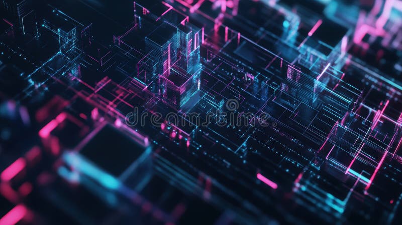Abstract Digital Geometric Grid with Floating Shapes Stock Illustration ...