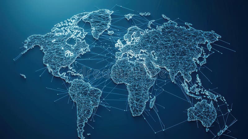 Abstract Digital Global Network Map with Nodes and Connections on Dark ...