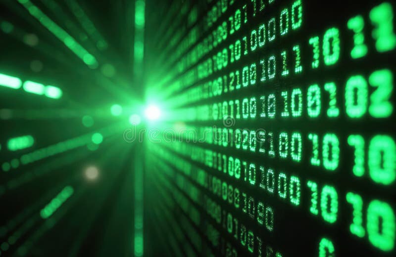 Abstract Digital Green Binary Code Background. Futuristic Cyberspace Backdrop with Glowing Light ...