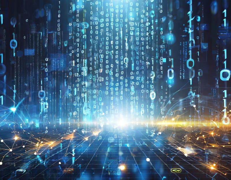 Abstract Digital Grid with Glowing Binary Code and Futuristic ...
