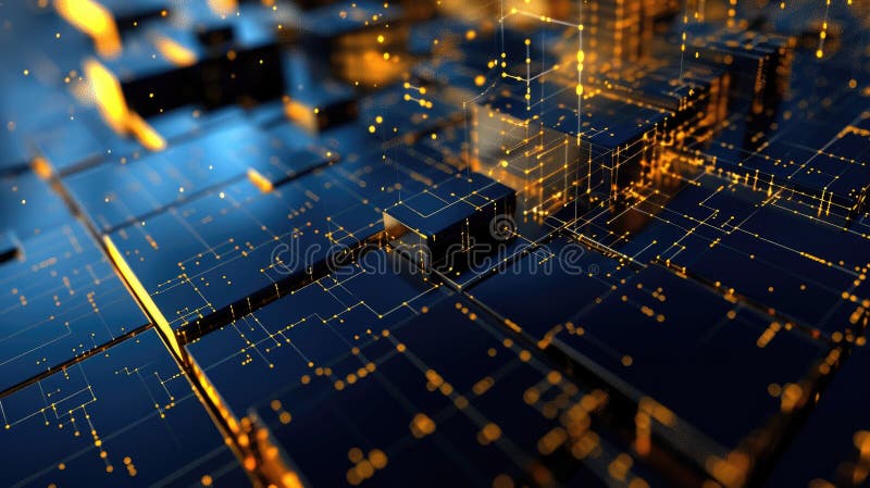 Abstract Digital Grid with Glowing Blue and Yellow Elements. Technology ...