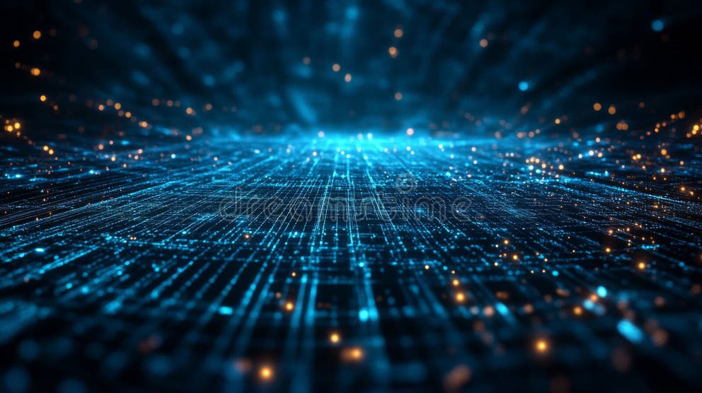 Abstract Digital Grid with Glowing Particles Stock Illustration ...