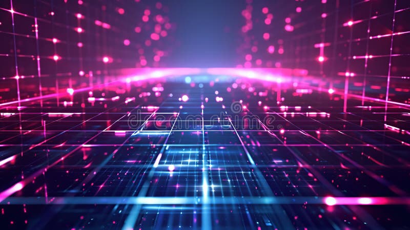 Abstract Digital Grid with Neon Lights Stock Illustration ...