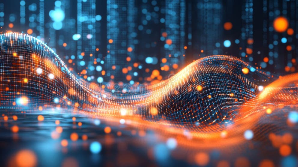 Abstract Digital Grid with Orange and Blue Glowing Particles Stock ...