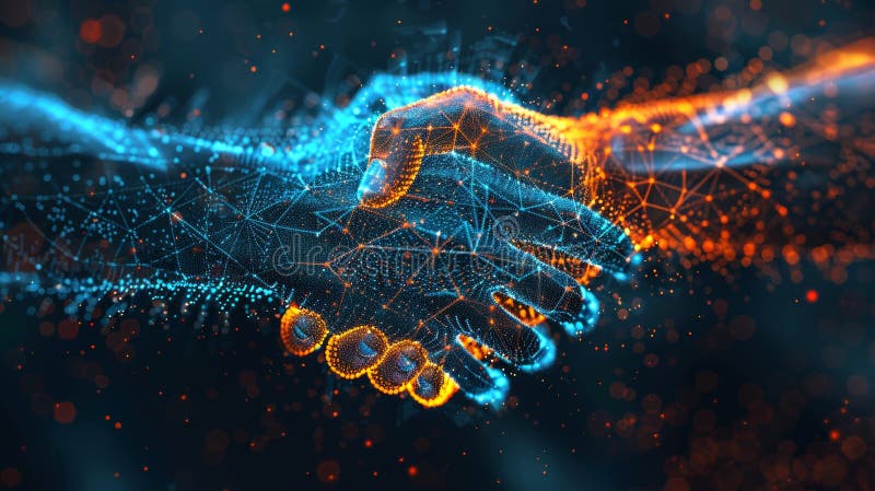 Abstract Digital Handshake, Glowing with Blue and Orange Light ...