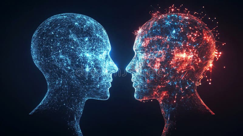 Abstract Digital Heads Network Connection Blue Red AI Art Face Data ...