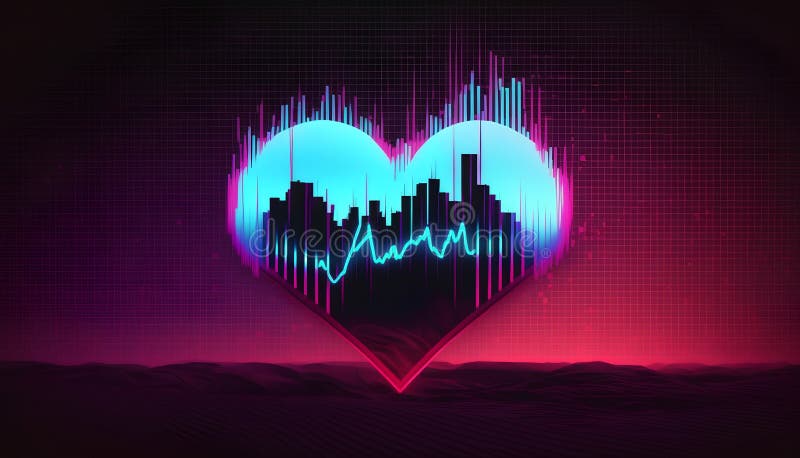 Abstract Digital Heart with Sound Wave on Dark Background, 3d ...