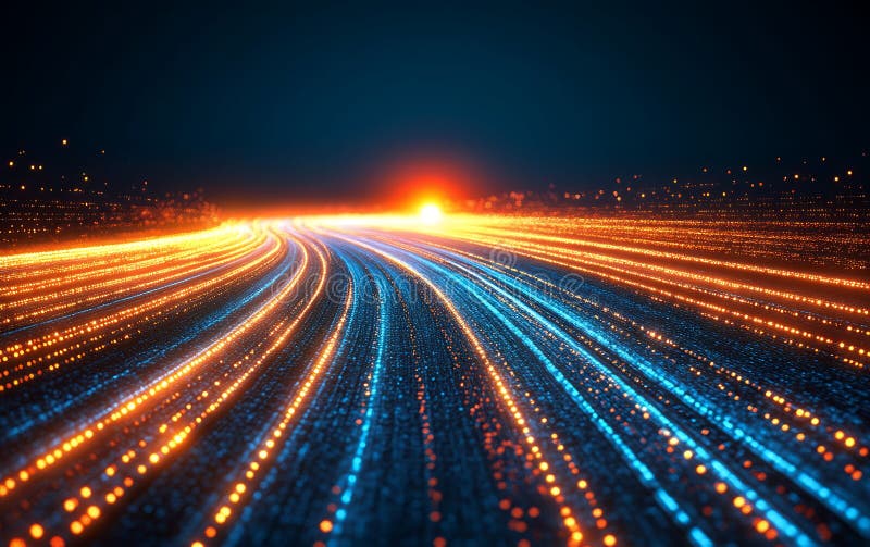 Abstract Digital Highway of Glowing Particles Streams Towards a Bright ...