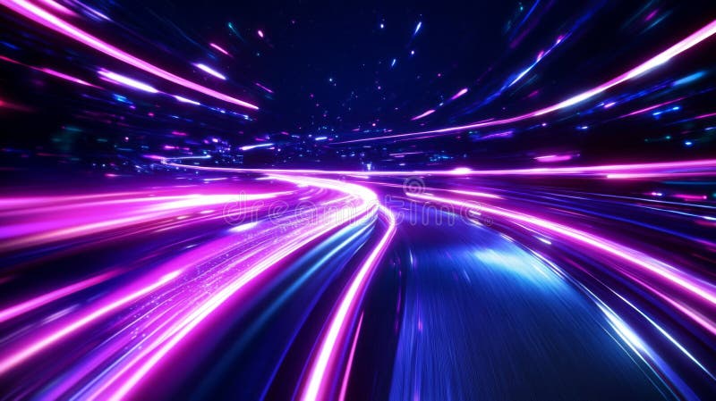 Abstract Digital Highway with Neon Lights and Stars Stock Illustration ...